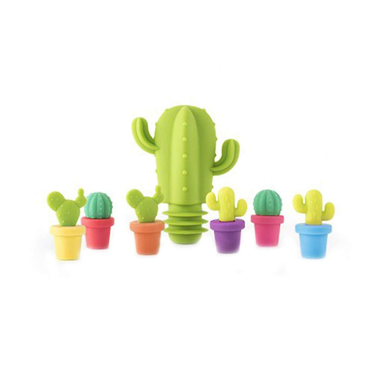 DOITOOL Wine Glass Charms Markers, 7 Pcs Silicone Wine Bottle Stopper Cactus Shaped Champagne Stopper Food Grade Beverage Closures Bar Preservation Tool Random Color