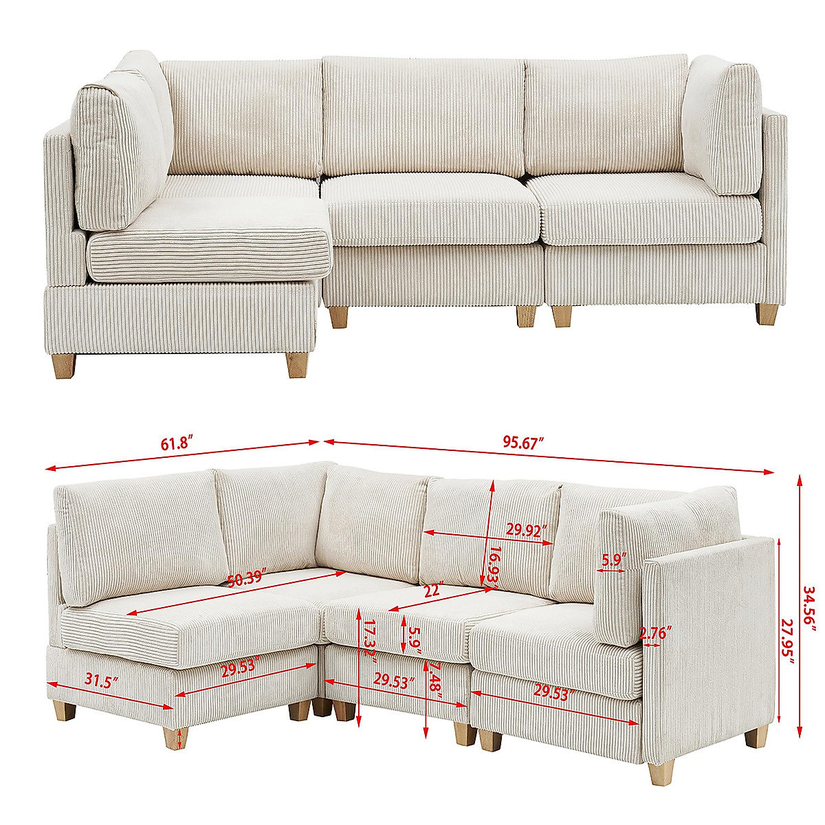 126"Modern Modular Sectional Sofa,L-Shaped Corduroy Fabric Modular Sofa with Movable Ottoman and Pillows,4 Seater Convertible Sleeper Sectional Couches for Small Living Room (Beige, 126"L-4 Seater)
