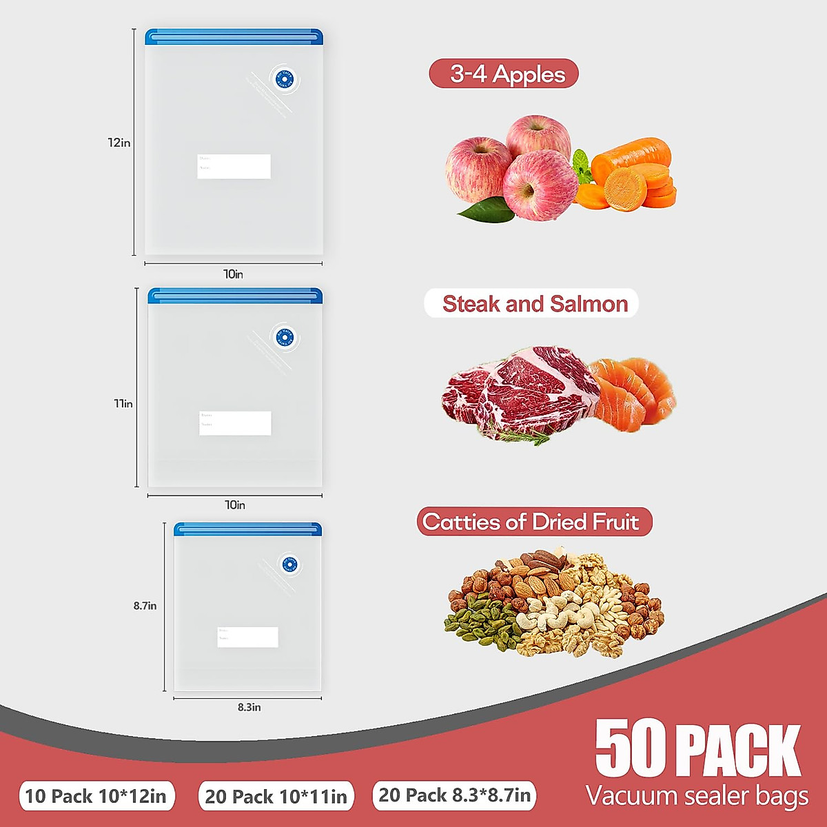 Vacbird 50 Pack Food Vacuum Sealer Bags, Reusable Sous Vide Bags for Food and Cooking, Food Storage