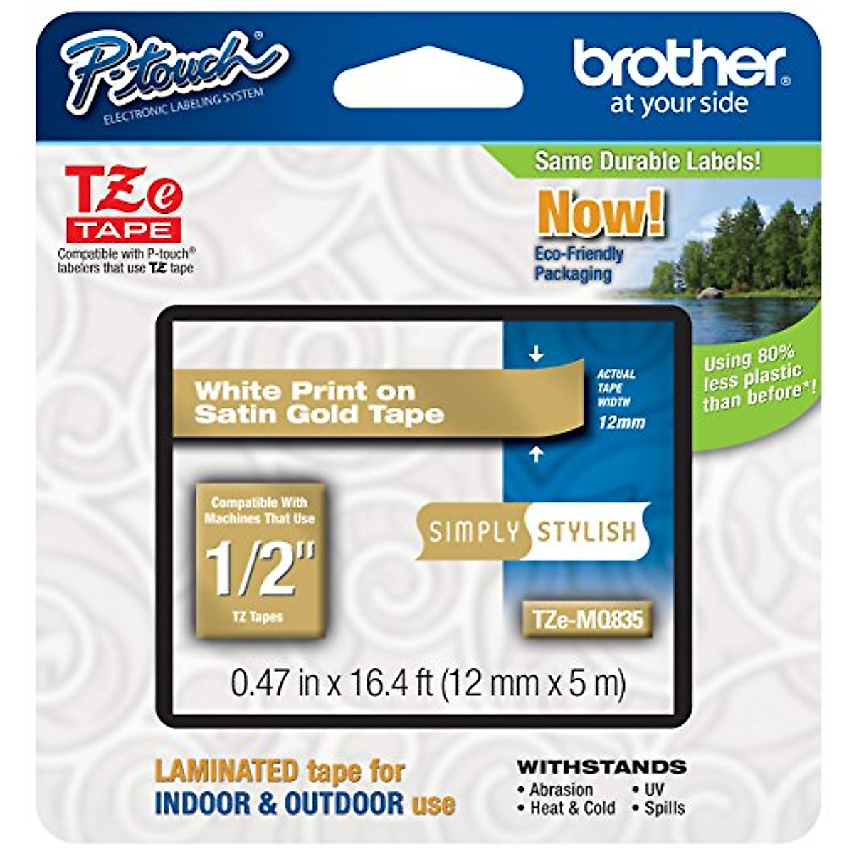 Genuine Brother 1/2" (12mm) White on Satin Gold TZe P-Touch Tape for Brother PT-1890, PT1890 Label Maker