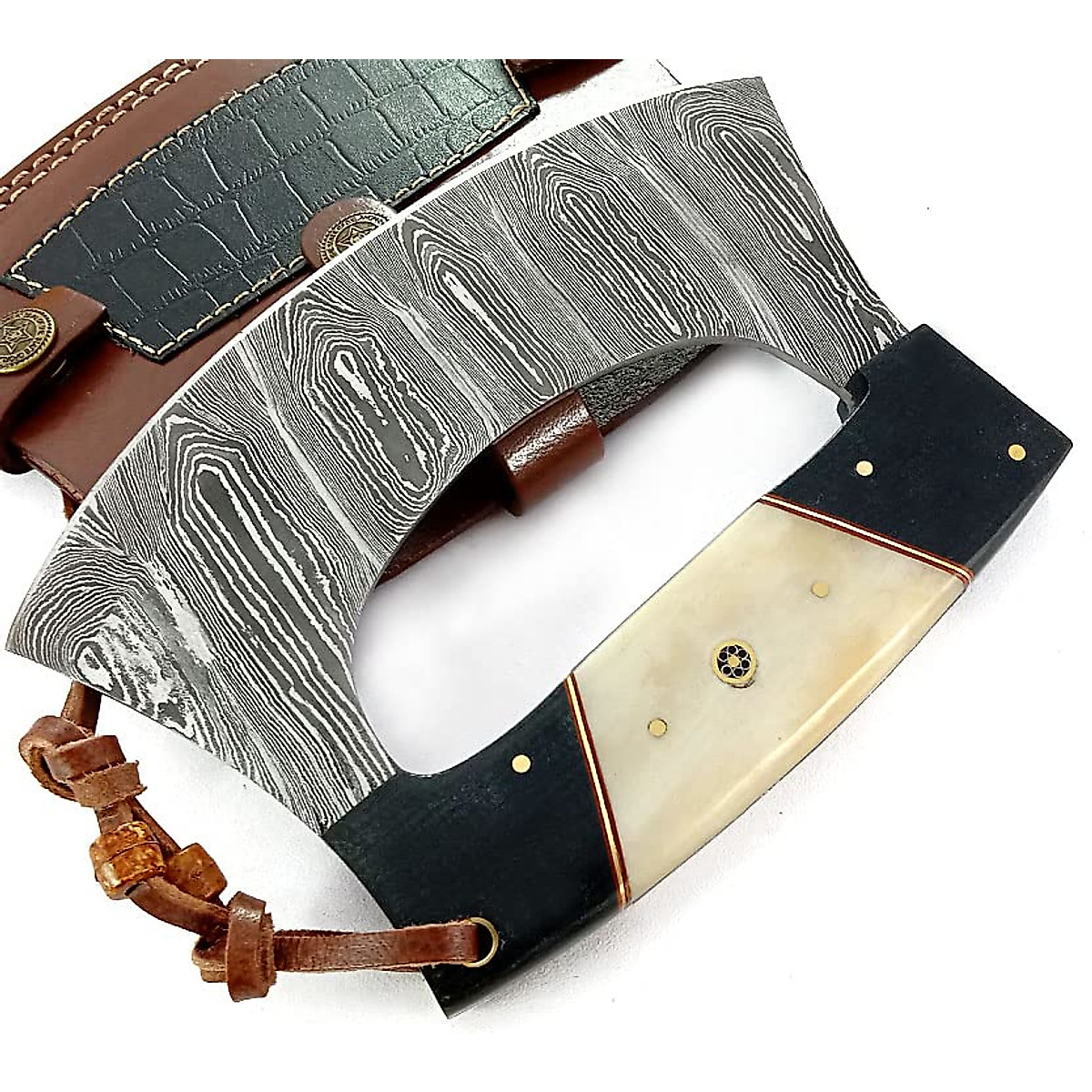 Damascus Steel alaskan Ulu Knife - Fixed Blade knife for Chopping Boning Slicing Cutting with Leather Sheath. SM149