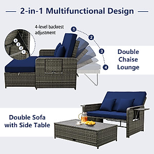 Tangkula Patio Rattan Daybed Set, Wicker Loveseat Sofa w/Multipurpose Ottoman & Retractable Side Tray, 4-Level Adjustable Backrest, Footstool w/Storage, Seat & Back Cushion Included
