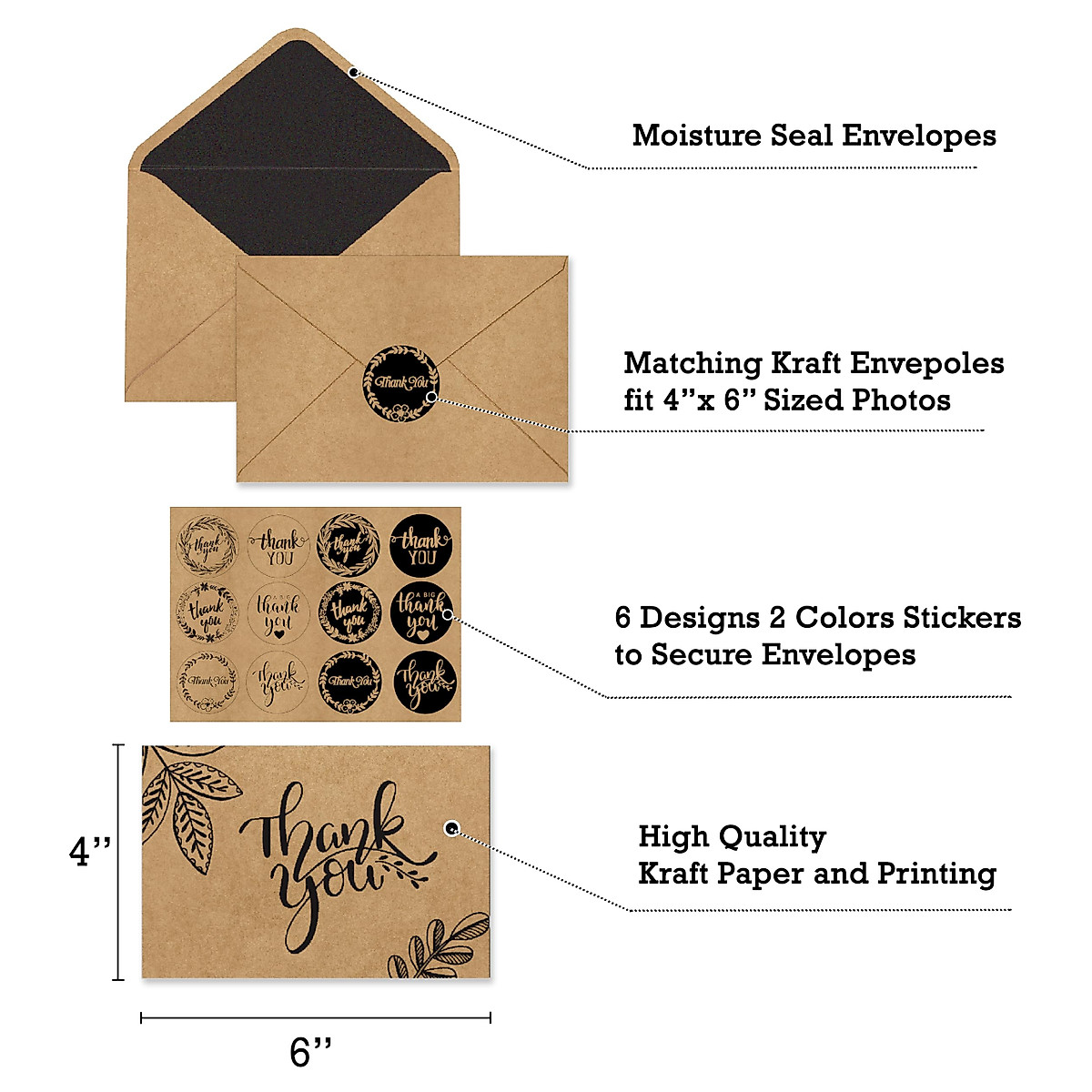 150 Thank You Cards with Matching Brown Kraft Envelopes and Stickers - Elegant 10 Designs Kraft Paper Bulk Blank Notes, Prefolded 4x6 Inch Blank