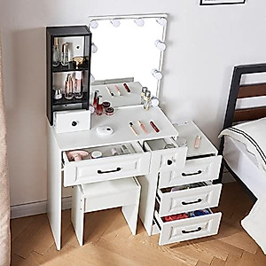 YAMISSI Vanity Desk with Mirror and Lights, USB Charging Station Vanity Table Set with Cushion Stool, Hollywood Dressing Table with 6 Storage Drawers, 3 Colors LED Bulbs for Grils and Women