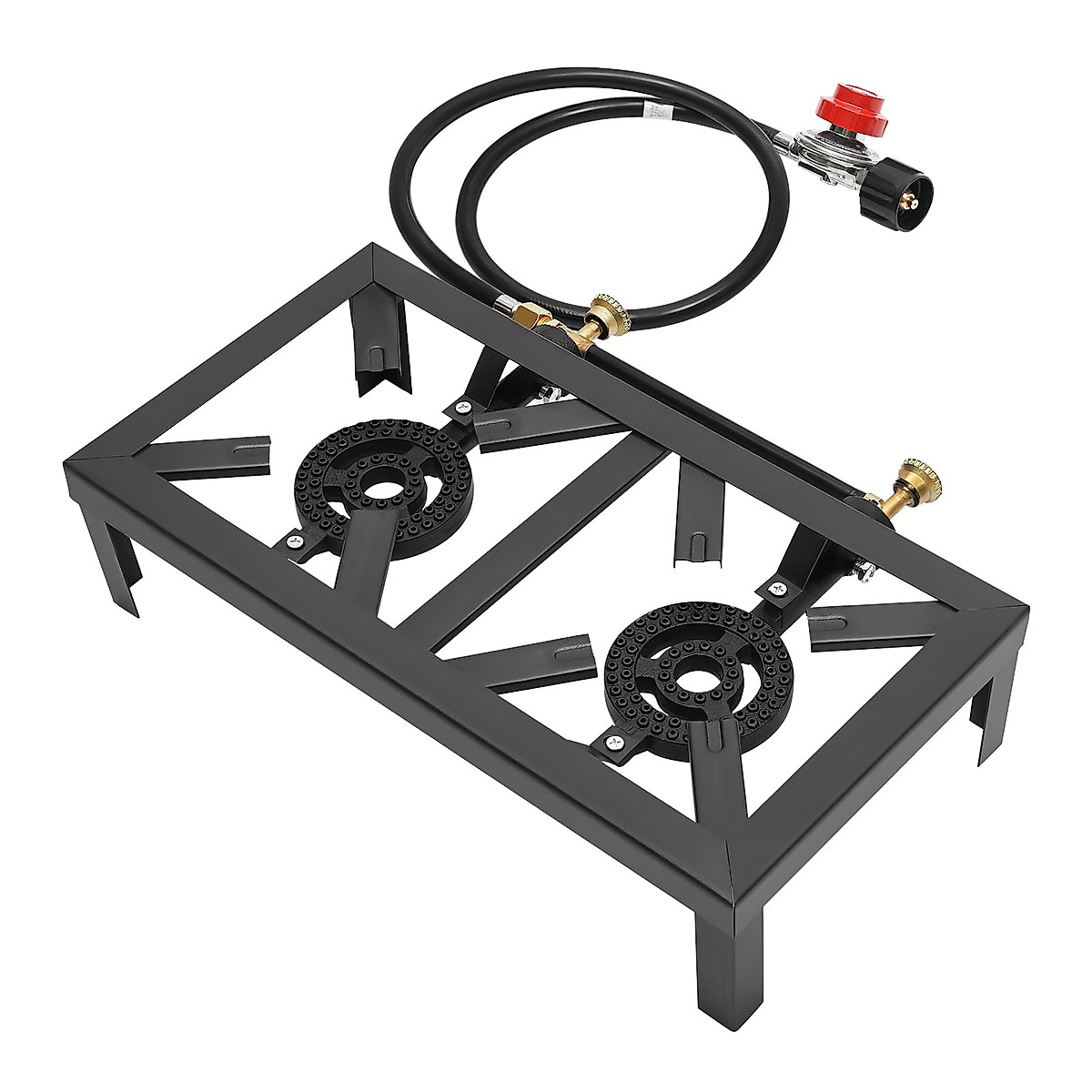 Portable Double Burner Outdoor Gas Stove Cast Iron Propane Cooker with Adjustable 0-10Psi Regulator Hose for Patio Camping, BBQ, Home Brewing,Tailgating, Hiking, Maple Syrup Prep