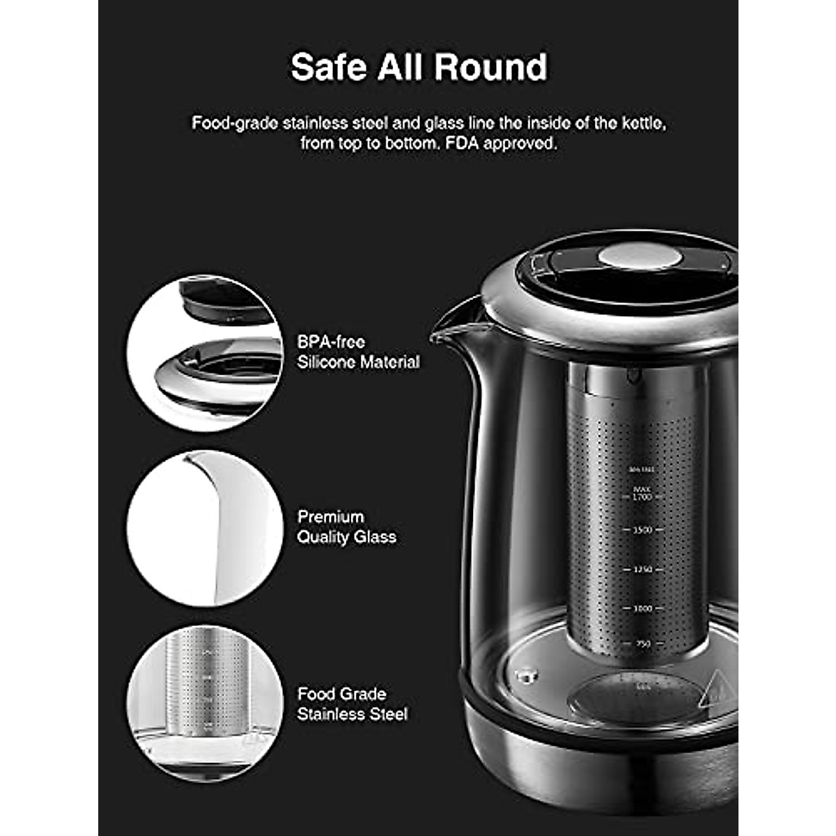 Electric Tea Kettle, 1.7L Variable Temperature Electric Kettle, Fast Boil Glass Water Kettle with 2Hr Keep Warm Function, Premium Stainless Steel, Boil Dry Protection, 1200W
