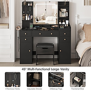 Fameill Black Makeup Vanity with 10 Lights & Power Outlets, Big Vanity with 3 Storage Compartments, Vintage Vanity Set with Large Drawers and Storage Cabinet, 45in