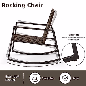 Eongdn 3 Pieces Outdoor Rocking Chairs Set, Wicker Bistro Set with 2 Rocking Chair, All Aluminum Side Table, for Lawn, Garden, Courtyard, Balcony, Brown Rattan Grey Frame