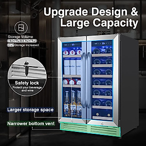 Wine and Beverage Refrigerator Upgraded, 24 Inch Beverage Refrigerator Cooler Dual Zone with Glass Door, Under Counter or Freestanding Beverage Fridge with Large Capacity, Advanced Cooling System