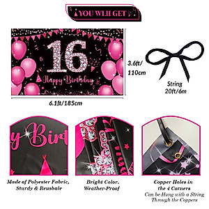 Sweet 16 Birthday Banner Hot Pink, Happy 16th Birthday Decorations for Girls, Sweet Sixteen Party Decorations, 16 Year Old Birthday Photo Props Yard Sign Decor Supplies, Fabric Vicycaty