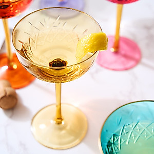 Vintage Art Deco Coupe for Champagne, Martini, Cocktails | Set of 6 | 7 oz Classic Cocktail Glassware - Manhattan, Cosmopolitan, Sidecar, Crystal Speakeasy Style Saucer Goblets Coupes with Stems