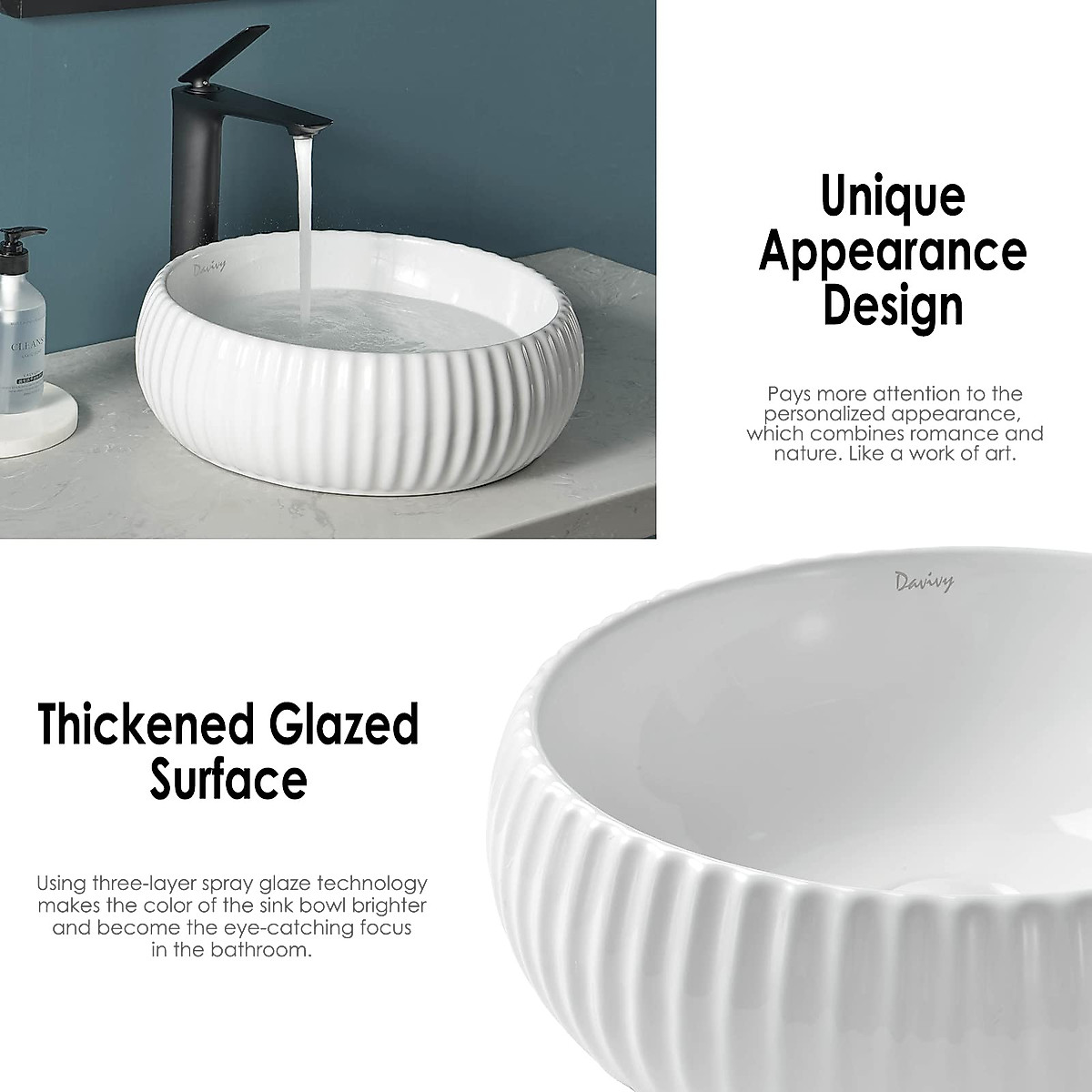 Davivy 16.5'' Round Vessel Sink with Pop Up Drain,Bathroom Vessel Sinks,Round Bathroom Sink,Ceramic Vessel Sink,Bathroom Sinks Above Counter,White Vessel Sink,Counter top Sink,Round Sinks for Bathroom