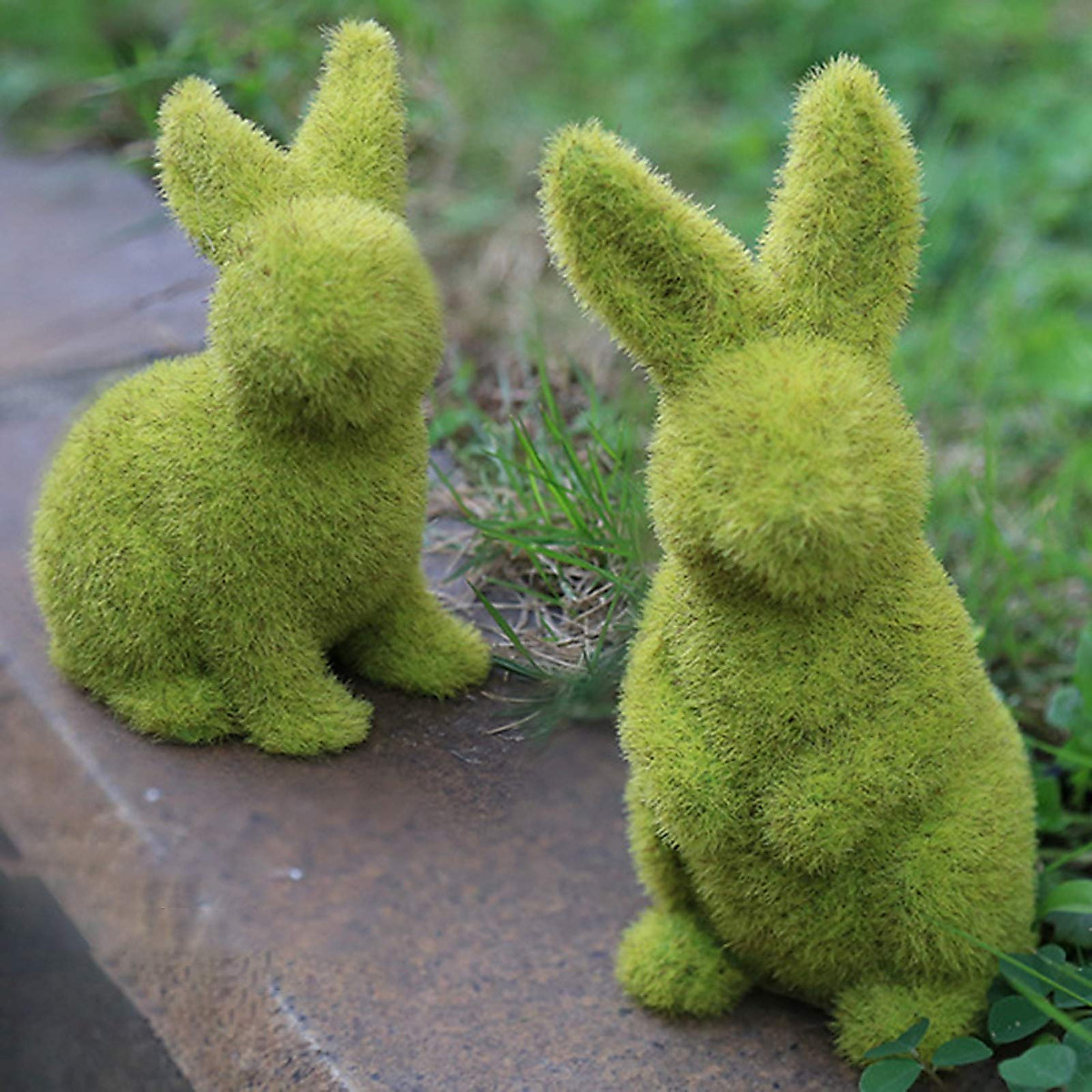 Yuemengxuan Easter Furry Flocked Bunny Garden Decorations Artificial Moss Rabbit Easter Décor Figurines Tabletop Ornament (Green 2Pcs, One Size)