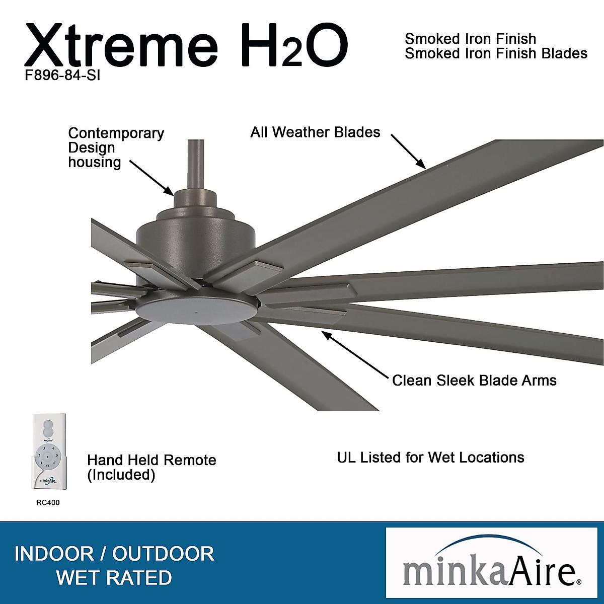 MINKA-AIRE F896-84-SI Xtreme H2O 84 Inch Outdoor Ceiling Fan with DC Motor, Gray Smoked Iron Finish