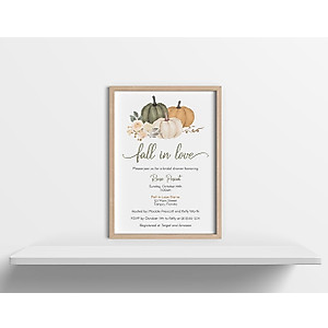 Pumpkin Bridal Shower Invitations Fall in Love Floral Autumn Fall Pumpkins Sage Olive Green Orange Floral Customize Personalize Printed Cards (12 count)