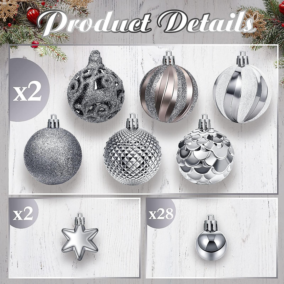 42 Pcs Christmas Tree Balls Ornaments Hanging Christmas Balls Glitter Plastic Xmas Tree Baubles 2.36'' and 1.18'' Christmas Tree Pendant Ball for Holiday Party Decoration (Silver, Stripe)