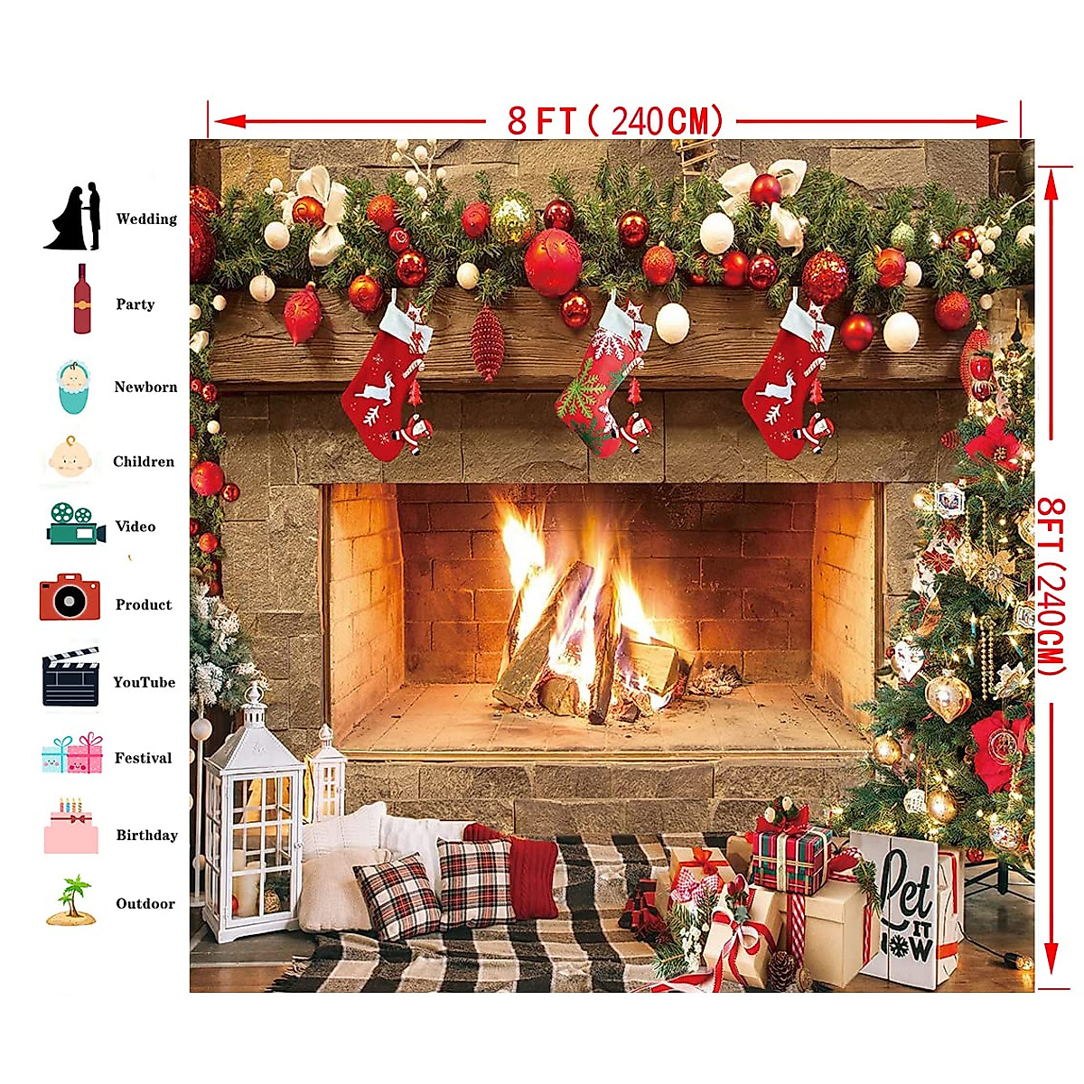 Dudaacvt 8x8ft Christmas Photography Backdrops Christmas Fireplace Decoration Background Family Party Birthday Baby Shower Decoration Photo Booth Props D469