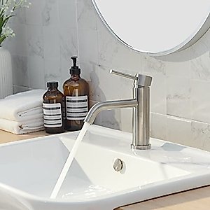 BATHLAVISH Bathroom Sink Faucet Brushed Nickel Single Hole Single Handle Modern Vanity Lavatory Mixer Tap RV Deck Mounted with Pop Up Drain with Overflow Combo
