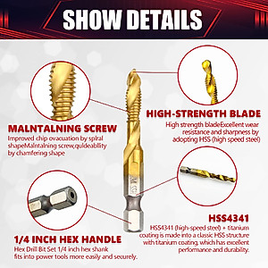 wesleydrill Titanium Combination Tap Drill Bit Set 6 Pcs Screw Tapping Bit Multi-Function Bit Set Fit for Light Metal Aluminum Board Iron etc