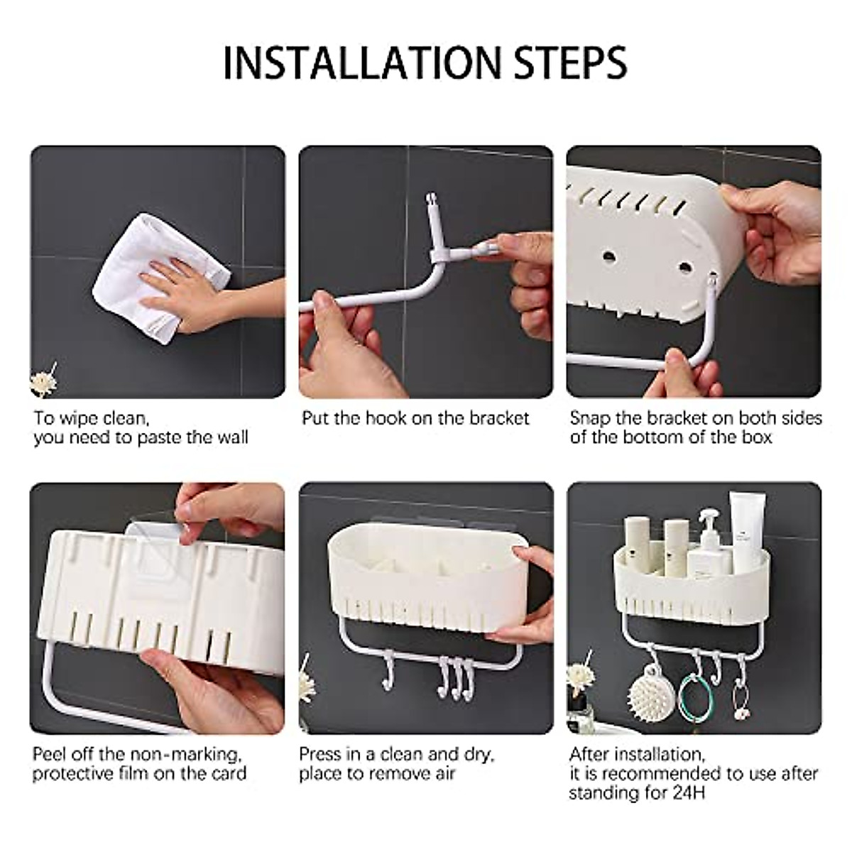 Bathroom Shower Basket Wall Mounted Shower Caddy Shelf with Hooks, No Drilling Removable Bathroom Shelf Organizer for Shampoo, Body Wash, Conditioner, Plastic Shower Rack for Kitchen & Bathroom