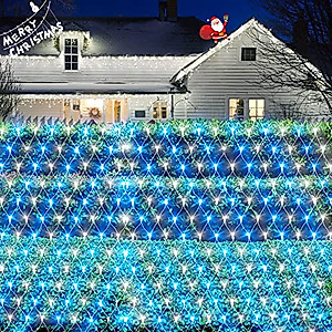 Net Lights Outdoor Christmas Net String Lights Plug in 9.8ft x 6.6ft Connectable Mesh Fairy Light 200 LEDs Waterproof Garden Tree Lights 8 Modes with Remote for Yard Fence Gazebo Decor(White+Blue)