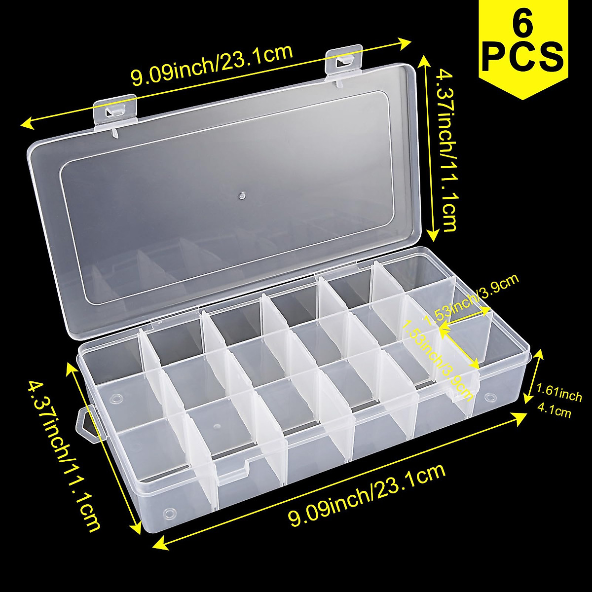 EATHEATY 6 Pack 18 Grids Clear Organizer Box with Adjustable Dividers, Compartment Storage Container Tackle Box for Beads Organizer Art DIY Fishing Tackles Jewelry Craft