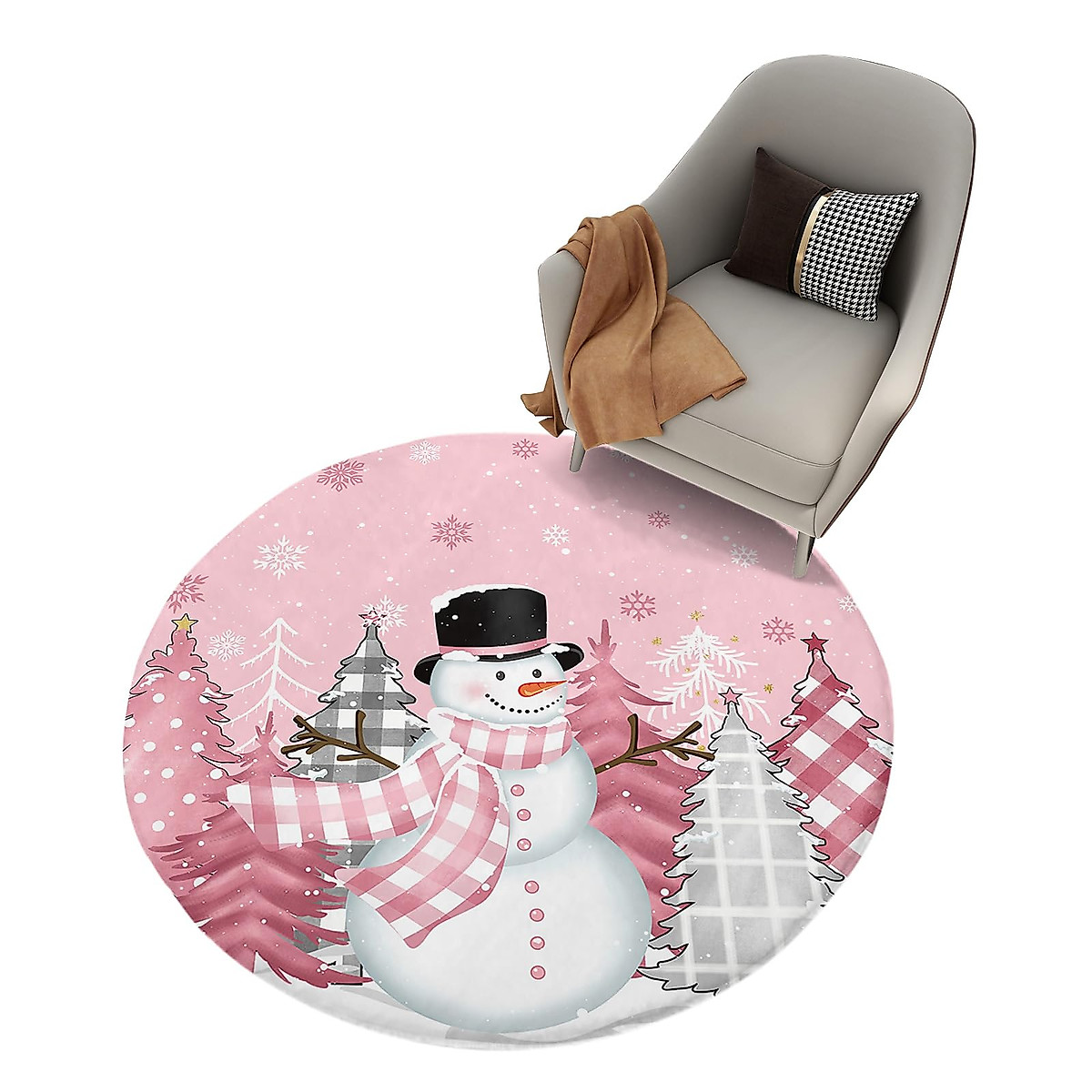 Blush Pink Snowman Fluffy Round Area Rug Carpets 4ft, Plush Shaggy Carpet Soft Circular Rugs, Non-Slip Fuzzy Accent Floor Mat for Living Room Bedroom Nursery Home Decor Christmas Dot Plaid Tree