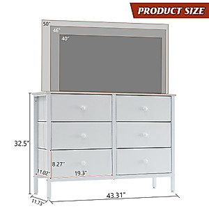 LYNCOHOME White Dresser for Bedroom, 6 Drawer Wooden Dresse, Small Dresser for Bedroom and 50" Tv, Entertainment Center with Metal Frame, Wooden Top,Dressers for Kids, Fabric Dressers for Nursery