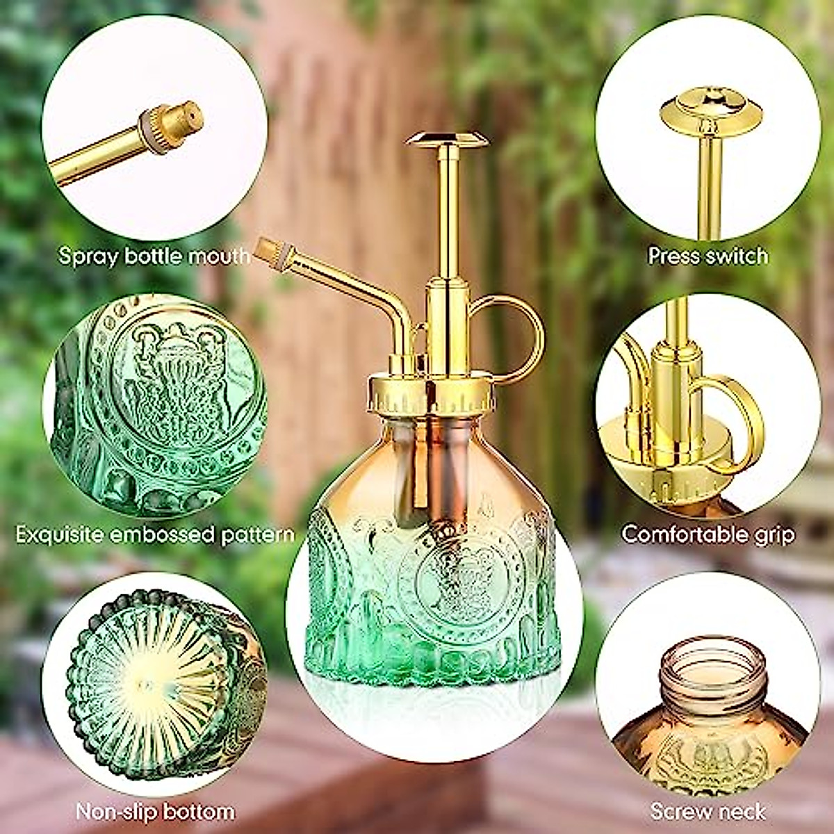 8 Pcs Glass Plant Mister Spray Bottle 200ml Vintage Plant Spritzer Multicolor Succulent Watering Bottle Watering Can 6.4'' with Plastic Top Pumps for Indoor Outdoor Succulents Garden Plants (Gold)