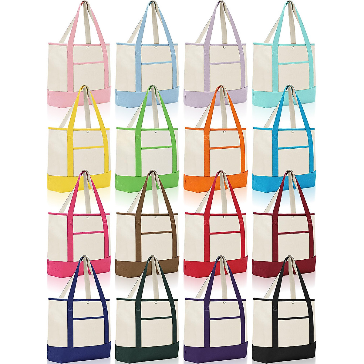 Sanwuta 16 Pack Polyester Canvas Tote Bags Bulk with Outer Pocket Extra Large Reusable Grocery Shopping Travel Blank Tote Bag for Women Mother, 17.7 x 4.7 x 13.8 Inches