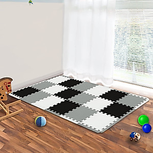 Yostrong 18 Tiles Interlocking Puzzle Foam Baby Play Mat with Straight Edges for Playing - EVA Babies Crawling Mat | Rubber Floor Work Out Mats for Home Gym. White, Black, Gray. YOC-ADLb18S18