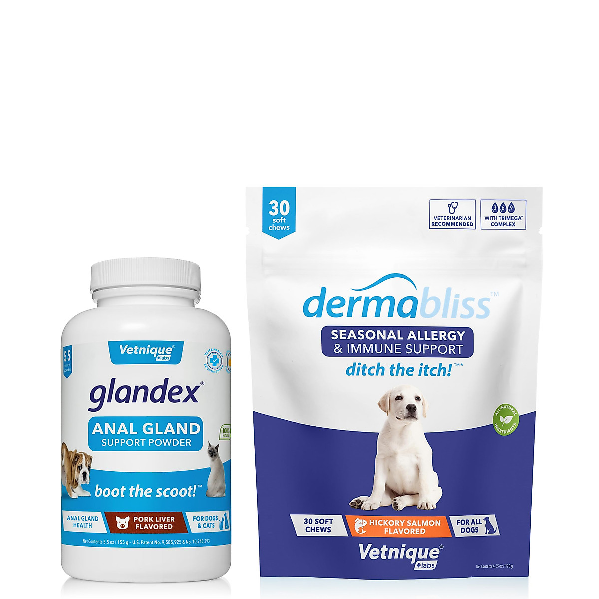 Vetnique Labs Dermabliss Seasonal Dog Allergy Chews (30ct) Glandex Anal Gland Support Powder with Pumpkin for Dogs (5.5oz Pork) Bundle