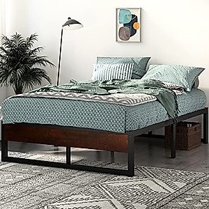 SHA CERLIN 14'' Queen Size Metal Platform Bed Frame with Rustic Wood & Reverse Holes/Ample Under-Bed Storage Space/Mattress Foundation/No Box Spring Needed/Easy Assembly/Noise Free