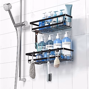 Mycuppca Shower Caddy, 2 Pack Adhesive Bathroom Shower Organizer, Black Shower Shelves with Hooks Stainless Shower Rack for Inside Shower No Drilling Wall Mounted Shower Storage Shower Shampoo Holder