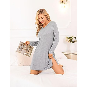 Ekouaer Womens Nightgowns Long Sleeve Ladies Night Shirt V Neck Loungewear Soft Sleep Dress Grey