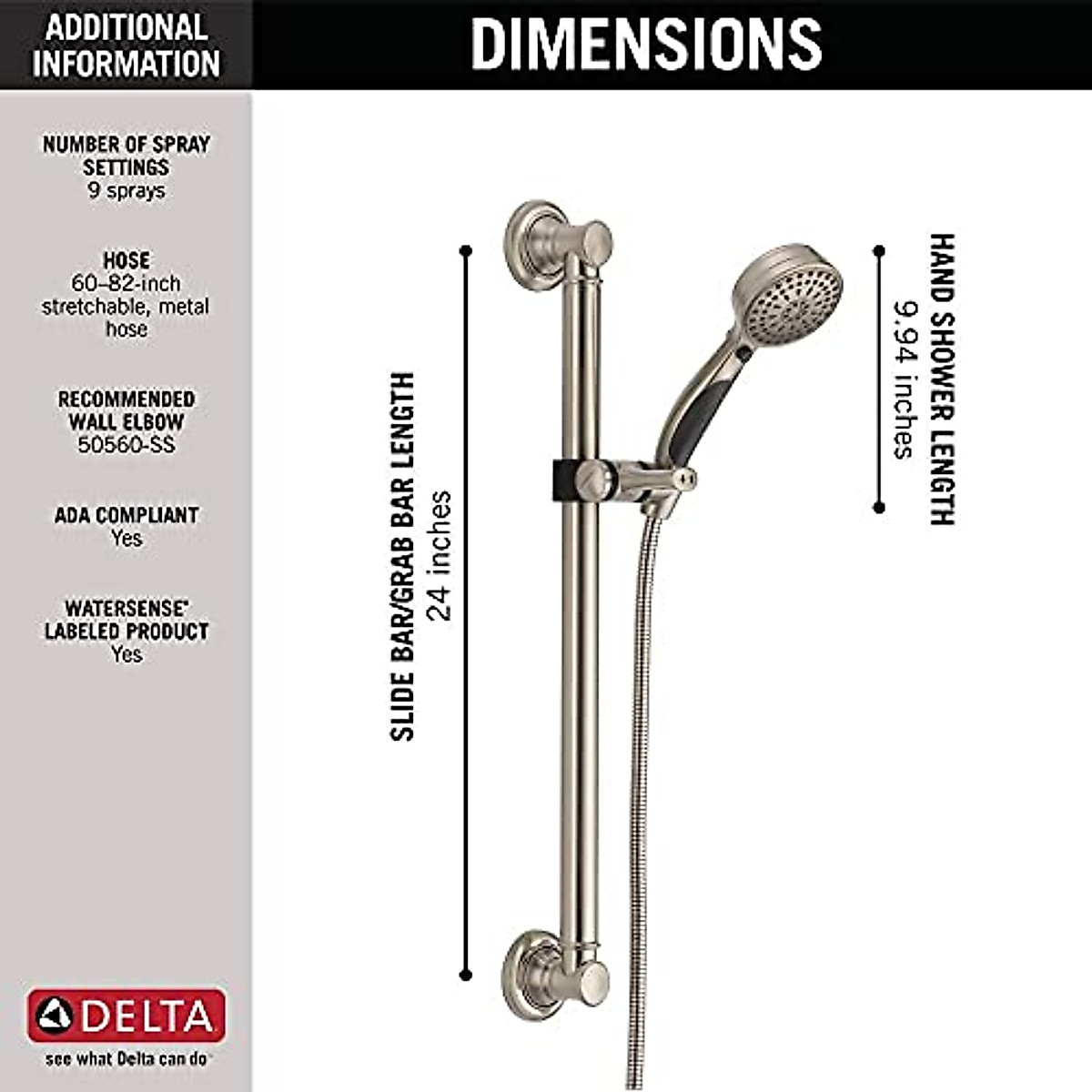 Delta Faucet 9-Spray ADA-Compliant Slide Bar Hand Held Shower with Hose, Stainless 51900-SS