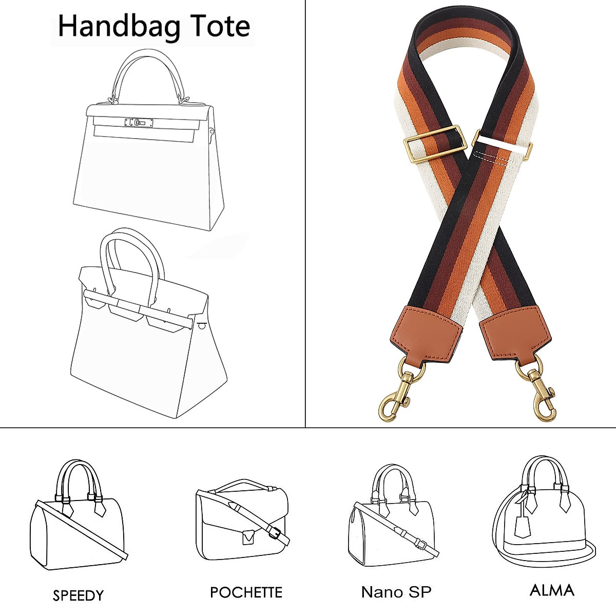 HUADEK Purse Strap Replacement Crossbody Handbag Stripe Wide Adjustable (shoulder strap Brown Leather Head（P-5）)