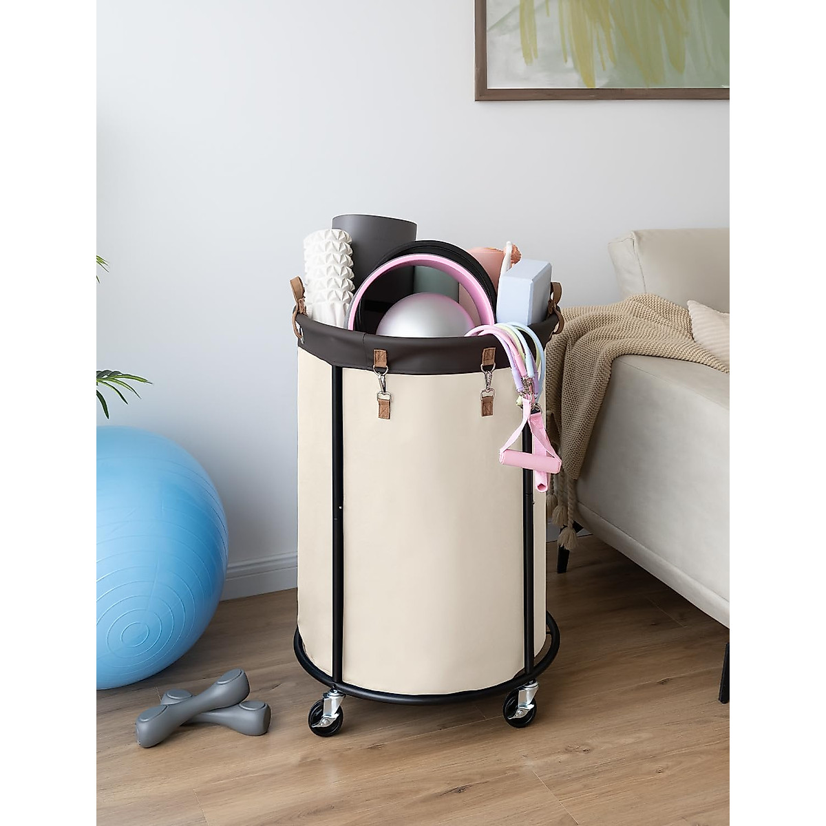 StorageWorks Laundry Basket with Wheels, 210L Extra Large Rolling Laundry Hamper, Round Laundry Cart with Steel Frame and Removable Bag, 4 Casters and 2 Brakes, Beige, 1-Pack