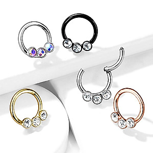 Pierced Owl 16G Stainless Steel Triple Crystal Helix Cartilage Daith Septum Hinged Segment Ring (Silver Tone/Aurora Borealis)