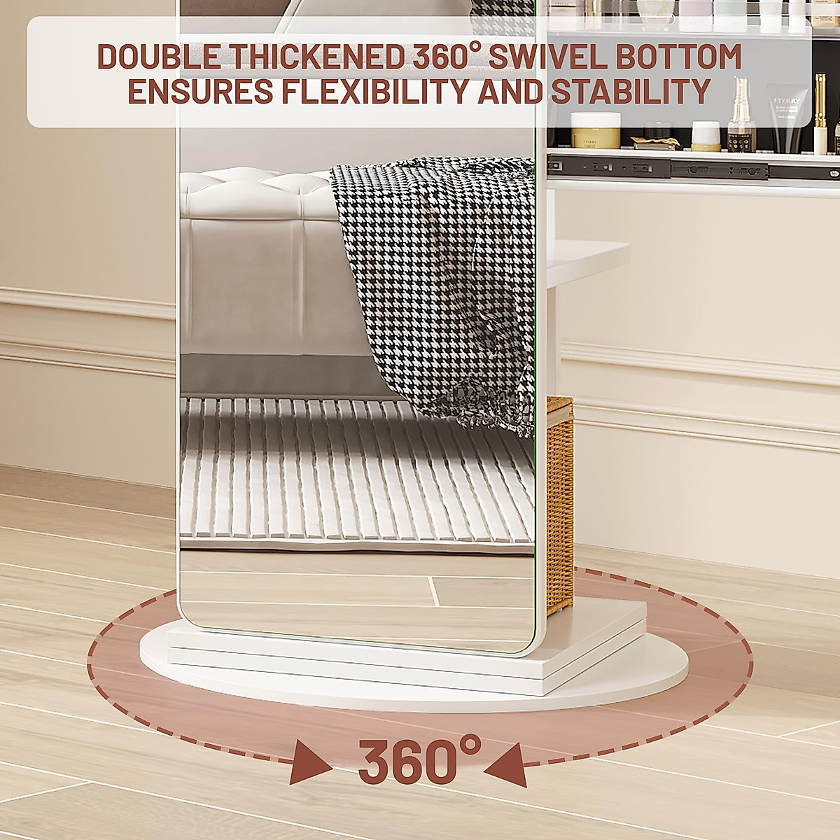 LVSOMT 360° Swivel Jewelry Armoire, Rotatable Full Length Mirror with Jewelry Storage, Standing Jewelry Cabinet with Coat Rack, White, Soild Wood