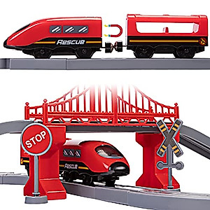 Train Sets for Boys 4-7, 66 Pcs Battery Operated Train Set with Tracks(Magnetic Connection), Compatible with Thomas, Brio, Chuggington, Gifts for 3 4 5 6 Years Old (66pcs Fire Truck)