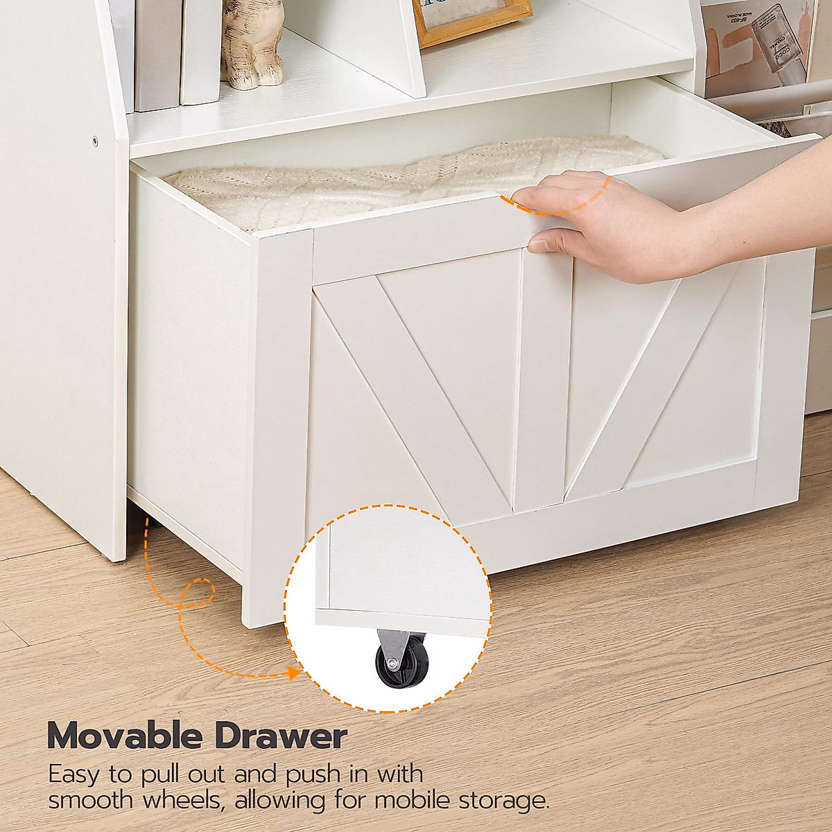 Kids Bookshelf, Four Layer Sling Bookcase, Toddler Storage Book Rack, Toy Organizer Shelves with Movable Drawer, Toy Organizer Cabinet, Book Display, for Playroom, Nursery, Kids Room, White WT112CW01