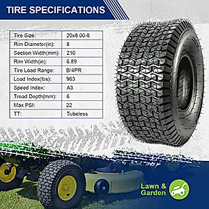 MaxAuto Lawn Mower Tire 15x6.00-6 Front & 20X8.00-8 Rear Tire for Lawn & Garden Tractor, 4Ply Tubeless, Set of 2