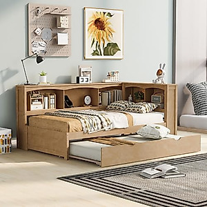HomSof Size Daybed with Trundle,L-Shaped Bookcases,Storage Cabinets and USB Ports, Twin-L, Wood