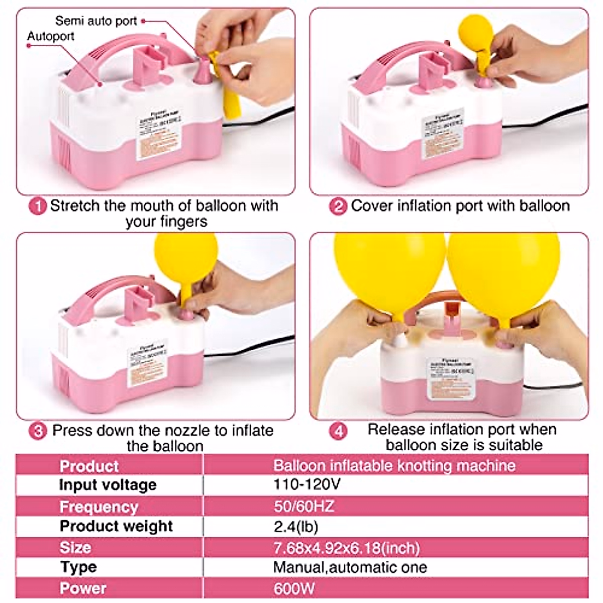Balloon Pump Flyneei Balloon Pump Electric Balloon Inflator Electric Balloon Pump & Balloon Tying Tool in One Portable Dual Nozzle Balloon Air Pump Balloon Blower for Party Decoration