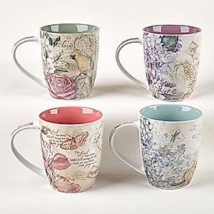 Christian Art Gifts Ceramic Coffee/Tea Mug Set for Women | Vintage Botanic Floral Inspirations Design Bible Verse Mug Set | Boxed Set/4 Coffee Cups