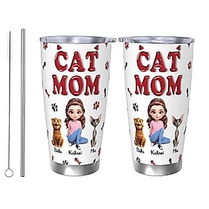 Cat Mom Tumbler,Personalized Insulated Tumbler with Women and Cat Cartoon Design,Custom Stainless steel Cup,Birthday Mothers Day Gift