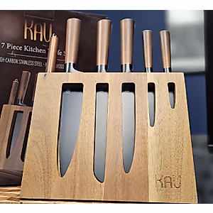 Knife Set with Block, KAV 7pc Kitchen Knives and Sharpening Rod, Stainless Steel Knife Set in High Carbon Matte Black, Chef's Slicing Bread Utility Knifes, Modern Wooden Block Open Face