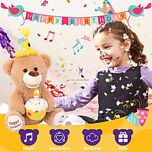 Hopearl Adorable Happy Birthday Teddy Bear with Glowing Cupcake Musical Stuffed Animal Bear Singing and Shaking Plush Toy Interactive Animated Kids Gifts, Brown, 15’’