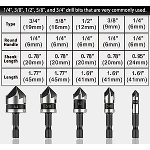 Countersink Bit Set for Metal, M2 Cobalt Countersunk Bits 5 Pieces, 1/4" Hex Shank Countersunk Bit Set for Drilling in Copper, Aluminum, Wood, Plastic